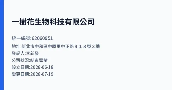 一樹花生物科技有限公司的照片-統編 62060951(新北市) 公司登記資料與營業項目詳細圖表