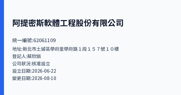 阿提密斯軟體工程股份有限公司的照片-統編 62061109 公司登記資料與營業項目詳細圖表