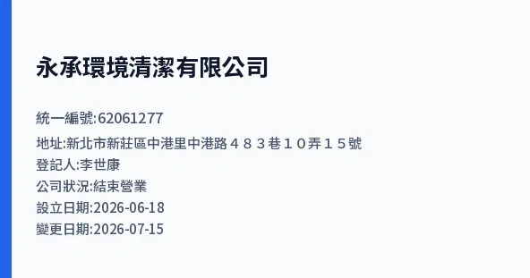 永承環境清潔有限公司的照片-統編 62061277(新北市) 公司登記資料與營業項目詳細圖表