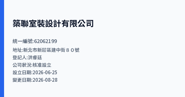 築聯室裝設計有限公司的照片-統編 62062199(新北市) 公司登記資料與營業項目詳細圖表
