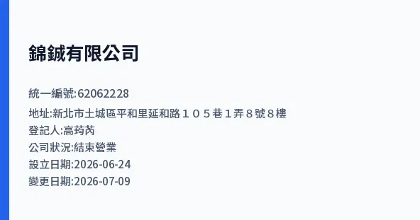 錦鋮有限公司的照片-統編 62062228(新北市) 公司登記資料與營業項目詳細圖表