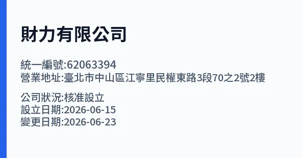 財力有限公司的照片-統編 62063394(臺北市) 公司登記資料與營業項目詳細圖表
