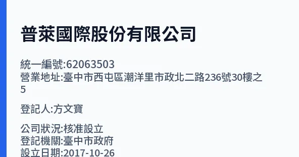 普萊國際股份有限公司的照片-統編 62063503(臺中市) 公司登記資料與營業項目詳細圖表