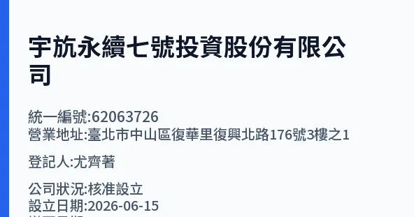 宇斻永續七號投資股份有限公司的照片-統編 62063726(臺北市) 公司登記資料與營業項目詳細圖表