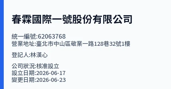 春霖國際一號股份有限公司的照片-統編 62063768(臺北市) 公司登記資料與營業項目詳細圖表