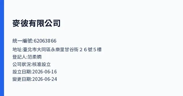 麥彼有限公司的照片-統編 62063866(臺北市) 公司登記資料與營業項目詳細圖表
