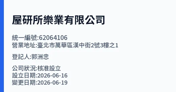 屋研所樂業有限公司的照片-統編 62064106(臺北市) 公司登記資料與營業項目詳細圖表