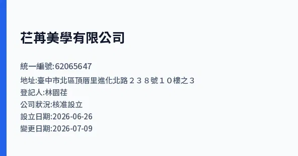 芢苒美學有限公司的照片-統編 62065647(臺中市) 公司登記資料與營業項目詳細圖表