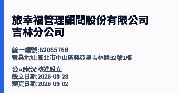 旅幸福管理顧問股份有限公司吉林分公司的照片-統編 62065766(臺北市) 公司登記資料與營業項目詳細圖表