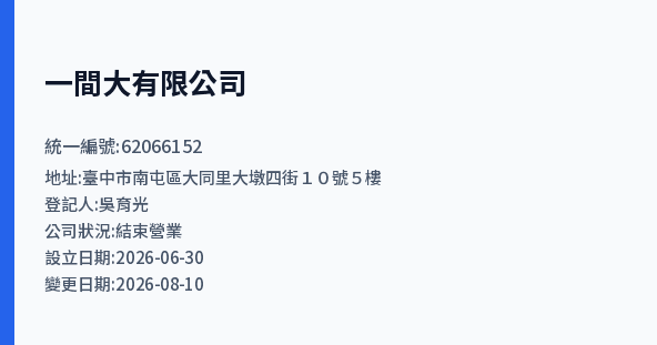 一間大有限公司的照片-統編 62066152 公司登記資料與營業項目詳細圖表