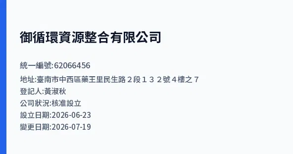 御循環資源整合有限公司的照片-統編 62066456(臺南市) 公司登記資料與營業項目詳細圖表