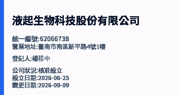 液起生物科技股份有限公司的照片-統編 62066738(臺南市) 公司登記資料與營業項目詳細圖表