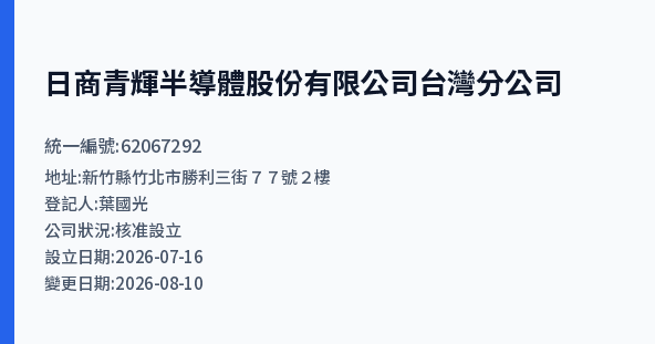 日商青輝半導體股份有限公司台灣分公司的照片-統編 62067292(新竹縣) 公司登記資料與營業項目詳細圖表