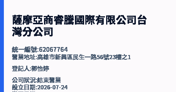 薩摩亞商睿騰國際有限公司台灣分公司的照片-統編 62067764 公司登記資料與營業項目詳細圖表