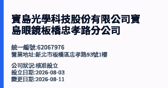 寶島光學科技股份有限公司寶島眼鏡板橋忠孝路分公司的照片-統編 62067976(新北市) 公司登記資料與營業項目詳細圖表