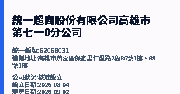 統一超商股份有限公司高雄市第七一0分公司的照片-統編 62068031(高雄市) 公司登記資料與營業項目詳細圖表