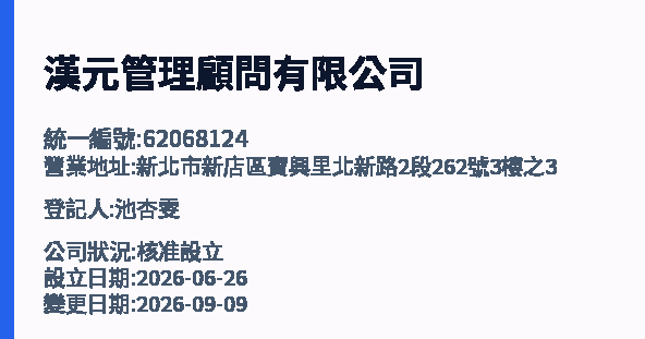 漢元管理顧問有限公司的照片-統編 62068124(新北市) 公司登記資料與營業項目詳細圖表