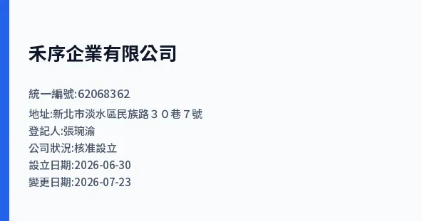 禾序企業有限公司的照片-統編 62068362(新北市) 公司登記資料與營業項目詳細圖表