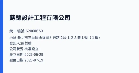 蒔錦設計工程有限公司的照片-統編 62068659(新北市) 公司登記資料與營業項目詳細圖表