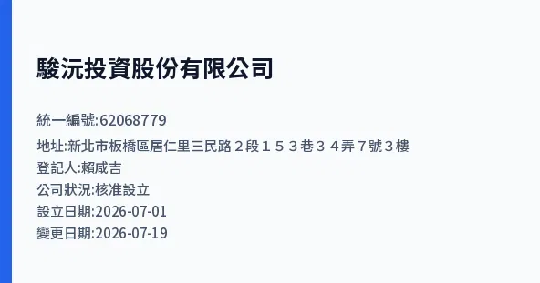 駿沅投資股份有限公司的照片-統編 62068779(新北市) 公司登記資料與營業項目詳細圖表