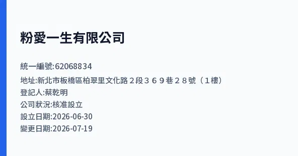 粉愛一生有限公司的照片-統編 62068834(新北市) 公司登記資料與營業項目詳細圖表