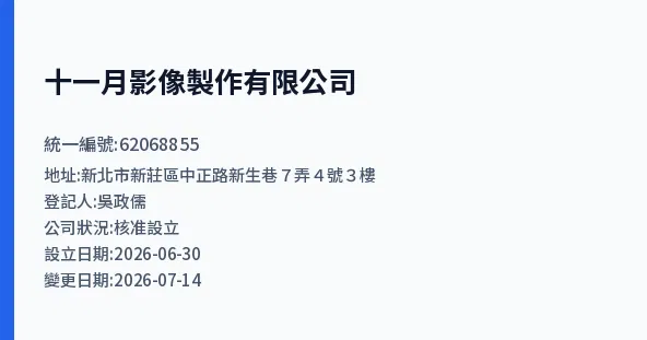 十一月影像製作有限公司的照片-統編 62068855(新北市) 公司登記資料與營業項目詳細圖表