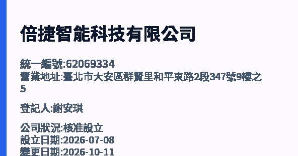 倍捷智能科技有限公司的照片-統編 62069334(臺北市) 公司登記資料與營業項目詳細圖表