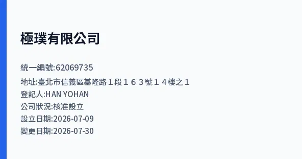 極璞有限公司的照片-統編 62069735(臺北市) 公司登記資料與營業項目詳細圖表