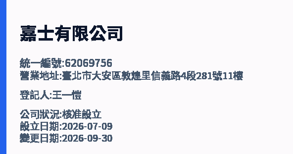 嘉士有限公司的照片-統編 62069756(臺北市) 公司登記資料與營業項目詳細圖表