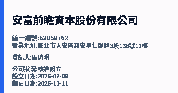 安富前瞻資本股份有限公司的照片-統編 62069762(臺北市) 公司登記資料與營業項目詳細圖表
