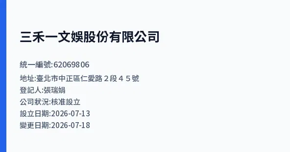三禾一文娛股份有限公司的照片-統編 62069806(臺北市) 公司登記資料與營業項目詳細圖表