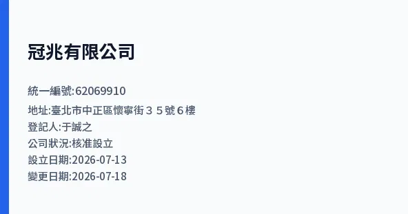 冠兆有限公司的照片-統編 62069910(臺北市) 公司登記資料與營業項目詳細圖表
