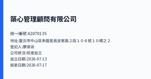 築心管理顧問有限公司的照片-統編 62070135(臺北市) 公司登記資料與營業項目詳細圖表