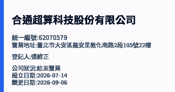 合通超算科技股份有限公司的照片-統編 62070579 公司登記資料與營業項目詳細圖表