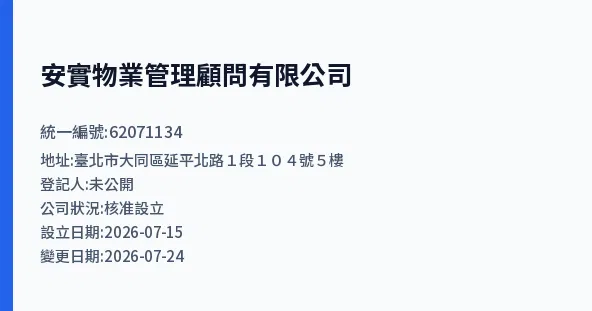 安實物業管理顧問有限公司的照片-統編 62071134(臺北市) 公司登記資料與營業項目詳細圖表
