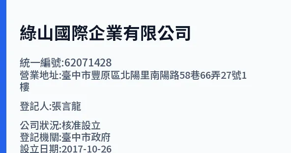 綠山國際企業有限公司的照片-統編 62071428(臺中市) 公司登記資料與營業項目詳細圖表