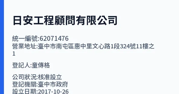 日安工程顧問有限公司的照片-統編 62071476(臺中市) 公司登記資料與營業項目詳細圖表