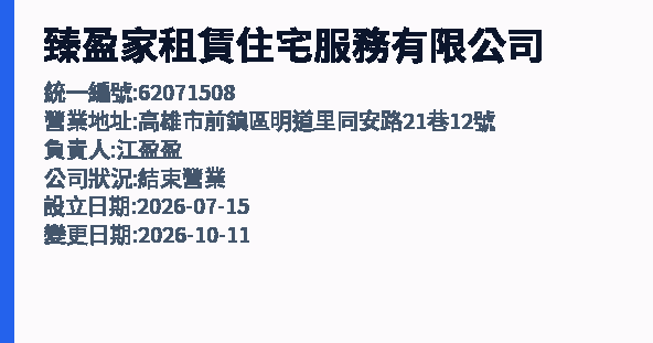 臻盈家租賃住宅服務有限公司的照片-統編 62071508 公司登記資料與營業項目詳細圖表