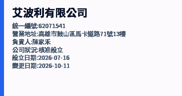 艾波利有限公司的照片-統編 62071541(高雄市) 公司登記資料與營業項目詳細圖表