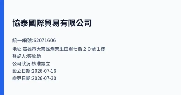 協泰國際貿易有限公司的照片-統編 62071606(高雄市) 公司登記資料與營業項目詳細圖表