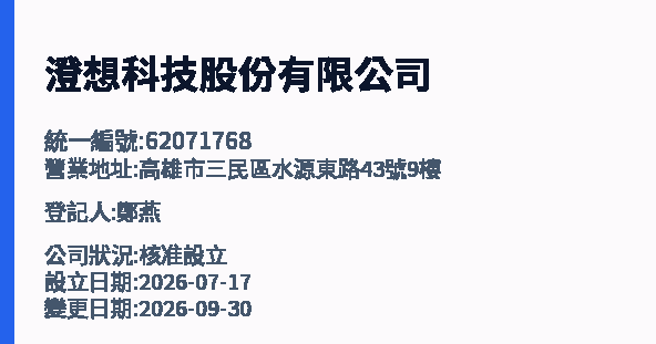 澄想科技股份有限公司的照片-統編 62071768(高雄市) 公司登記資料與營業項目詳細圖表