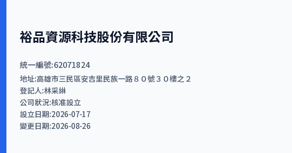 裕品資源科技股份有限公司的照片-統編 62071824 公司登記資料與營業項目詳細圖表