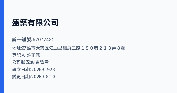 盛築有限公司的照片-統編 62072485(高雄市) 公司登記資料與營業項目詳細圖表