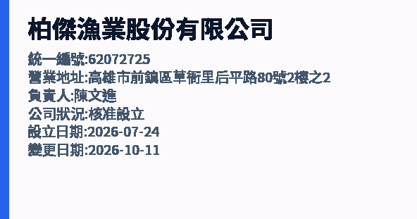 柏傑漁業股份有限公司的照片-統編 62072725(高雄市) 公司登記資料與營業項目詳細圖表