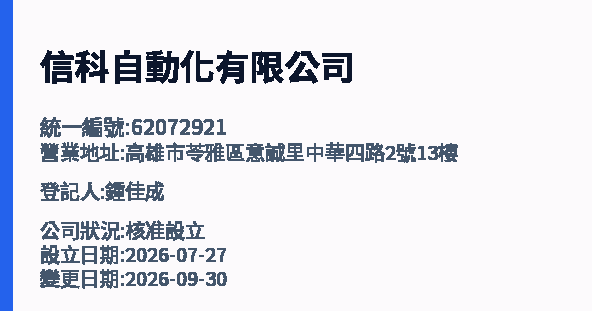 信科自動化有限公司的照片-統編 62072921(高雄市) 公司登記資料與營業項目詳細圖表