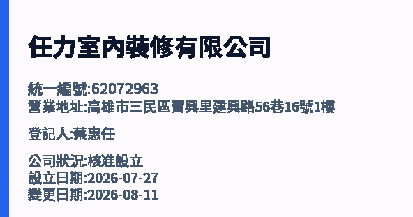 任力室內裝修有限公司的照片-統編 62072963(高雄市) 公司登記資料與營業項目詳細圖表