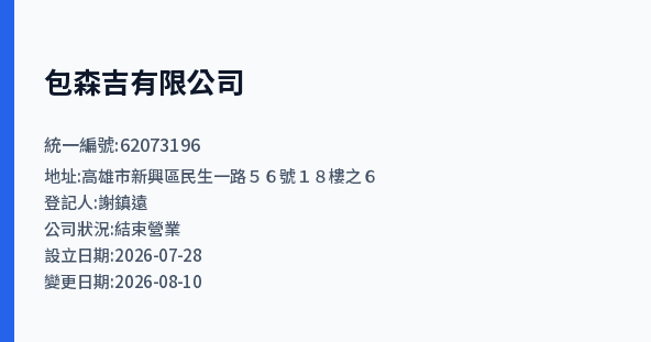 包森吉有限公司的照片-統編 62073196(高雄市) 公司登記資料與營業項目詳細圖表