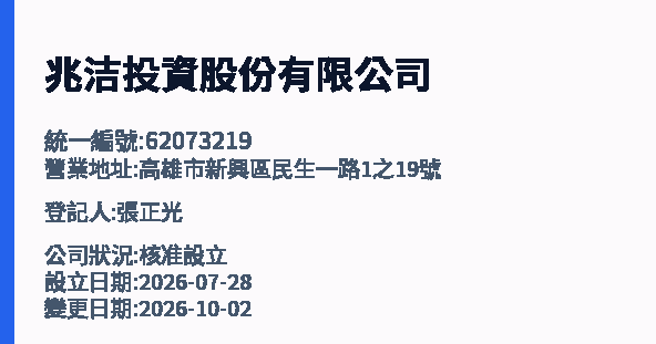 兆洁投資股份有限公司的照片-統編 62073219(高雄市) 公司登記資料與營業項目詳細圖表