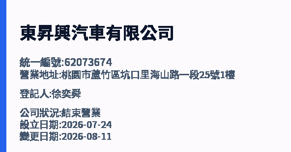 東昇興汽車有限公司的照片-統編 62073674(桃園市) 公司登記資料與營業項目詳細圖表