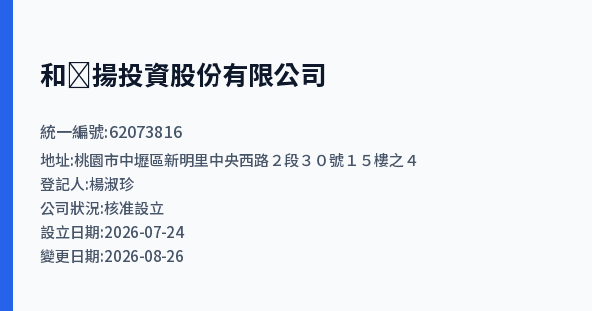 和硏揚投資股份有限公司的照片-統編 62073816 公司登記資料與營業項目詳細圖表